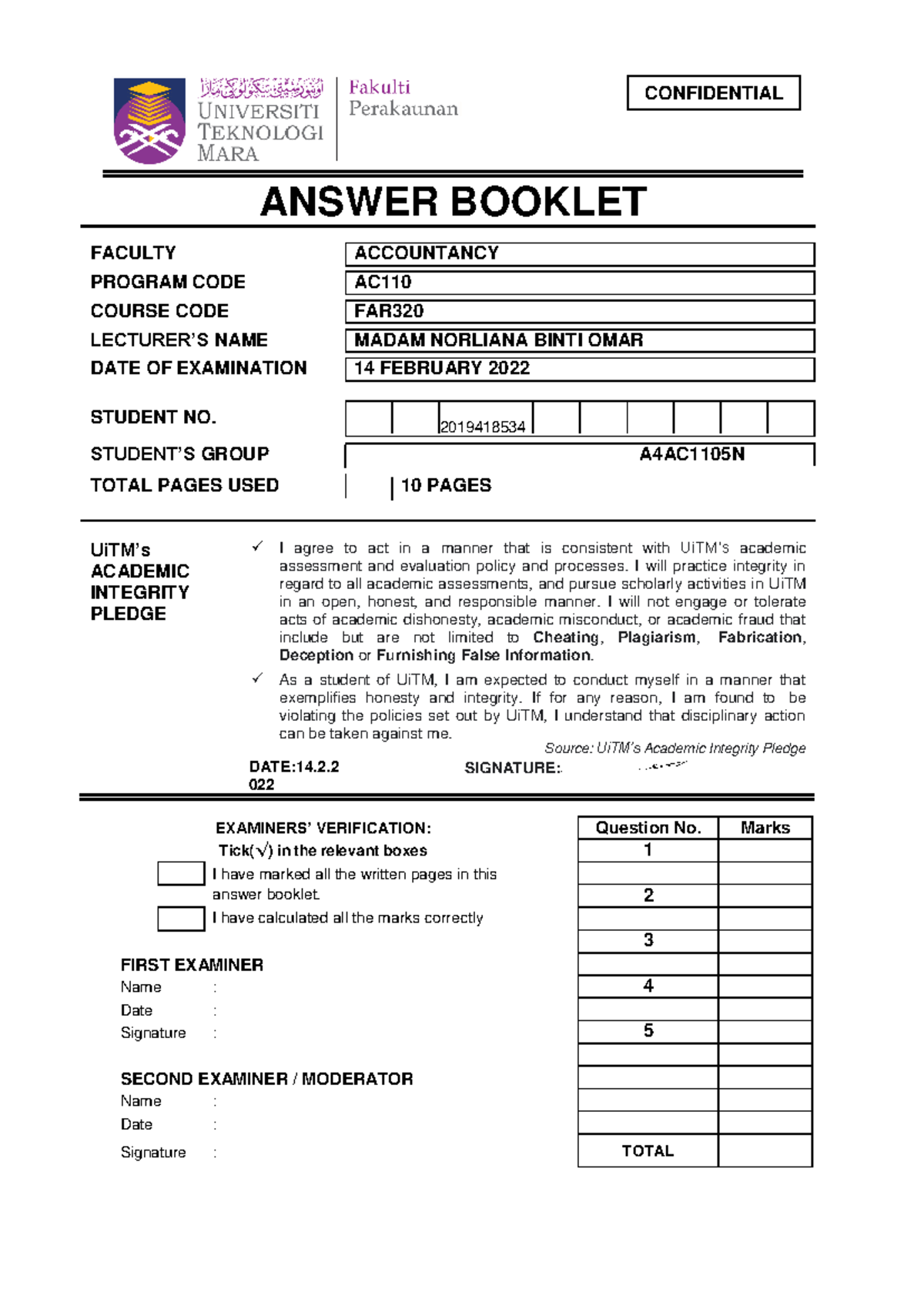 FAR320 Answer Scripts Front PAGE AC110 - ANSWER BOOKLET FACULTY ACCOUNTANCY PROGRAM CODE AC ...