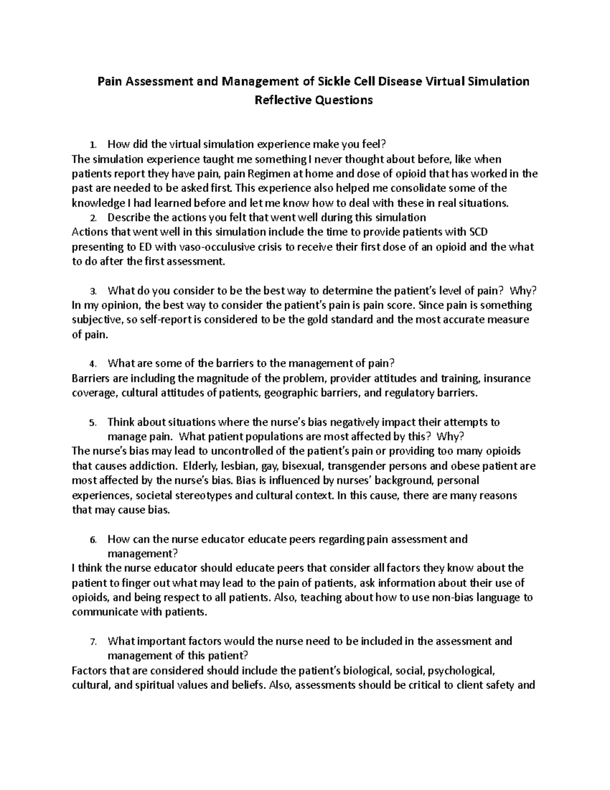 Reflective Questions for Sickle Cell Disease Virtual Simulation - Pain ...