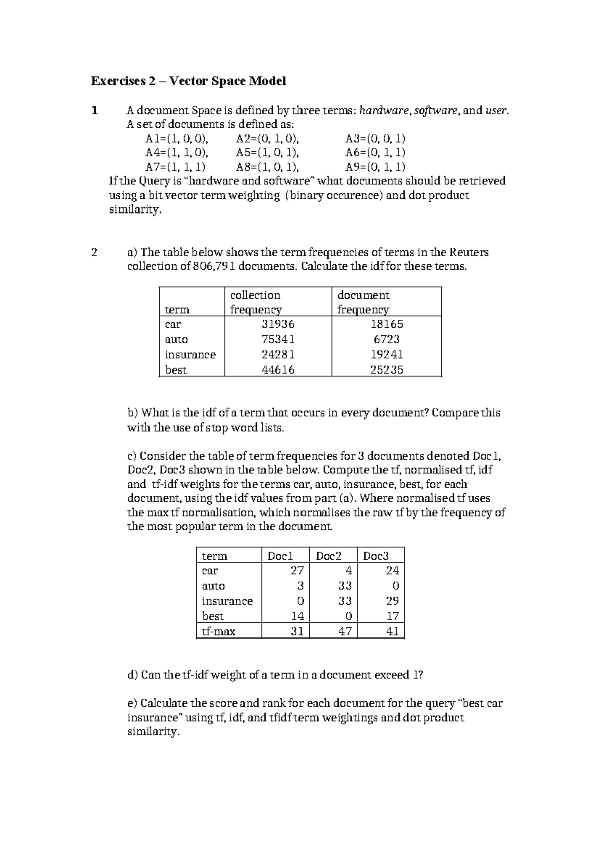 Tut Ex2 - information retrival - Exercises 2 – Vector Space Model 1 A ...