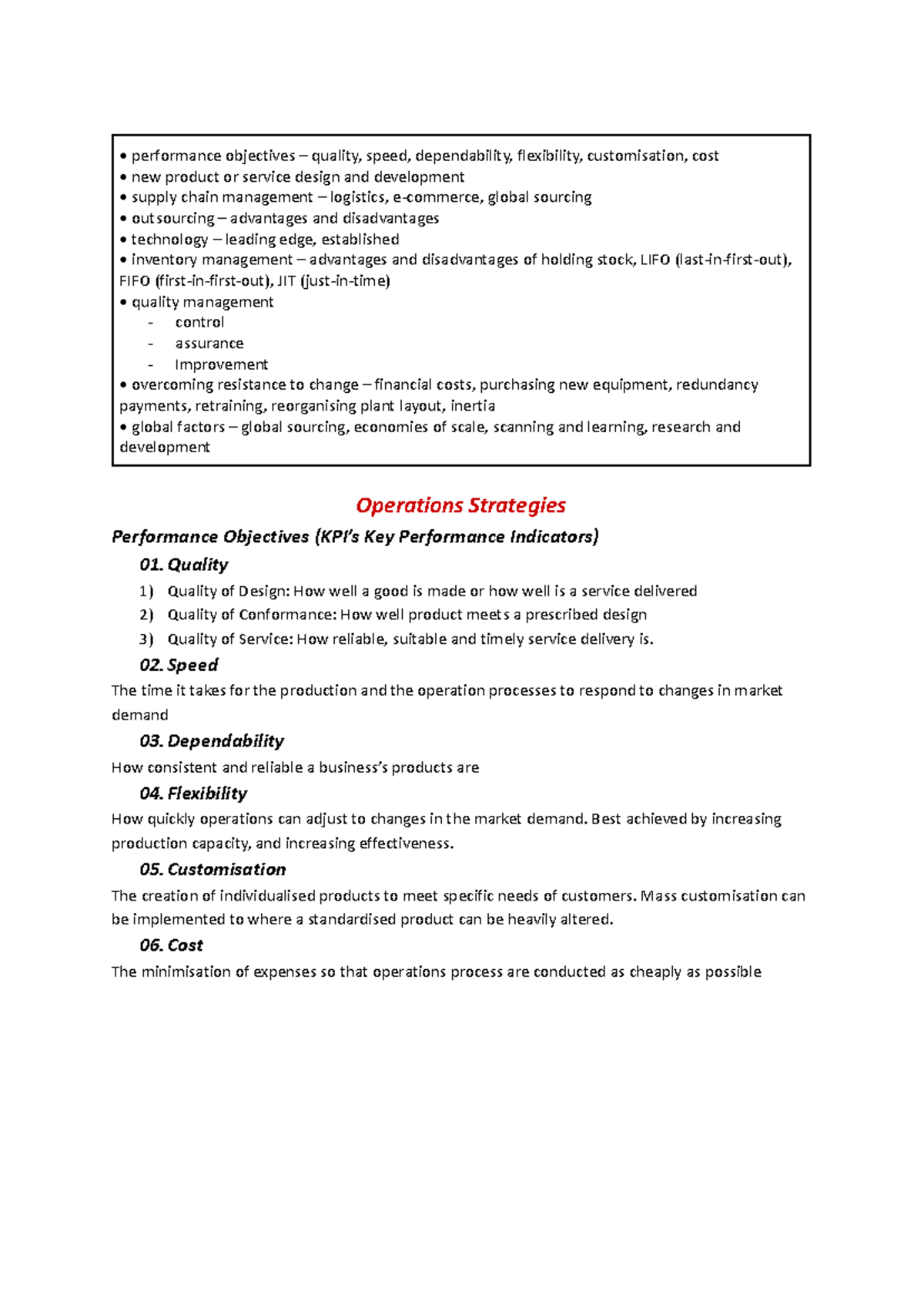 Brief Overview of Operations Strategies - • performance objectives ...