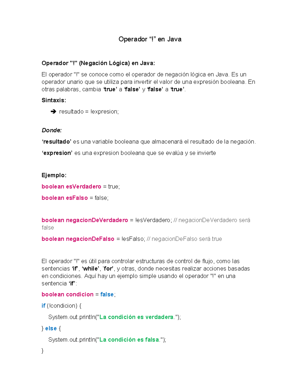 Operador negacion - ...... - Operador “!” en Java Operador ...