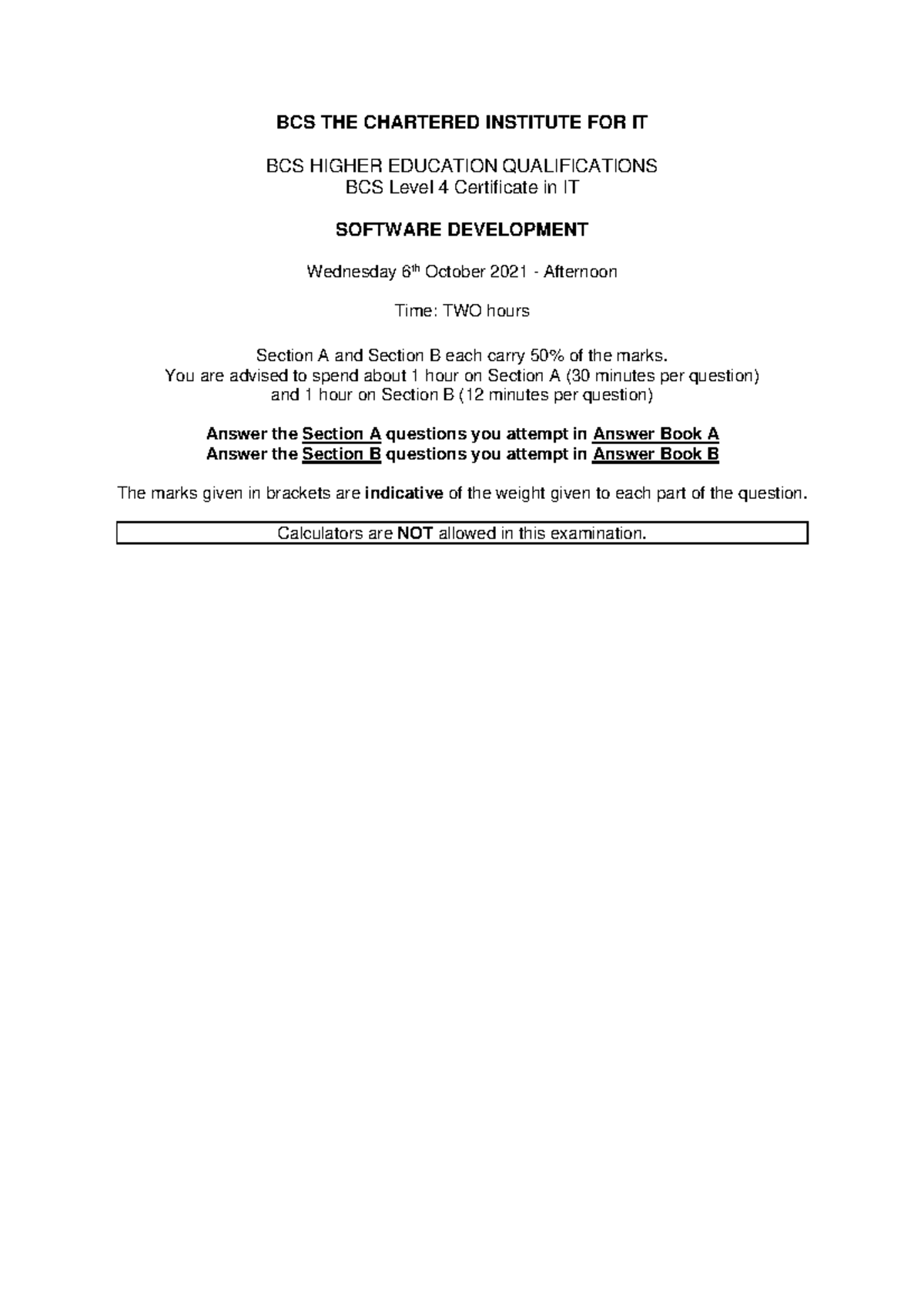 Heq oct21 cert sd - bcs past paper - BCS THE CHARTERED INSTITUTE FOR IT ...