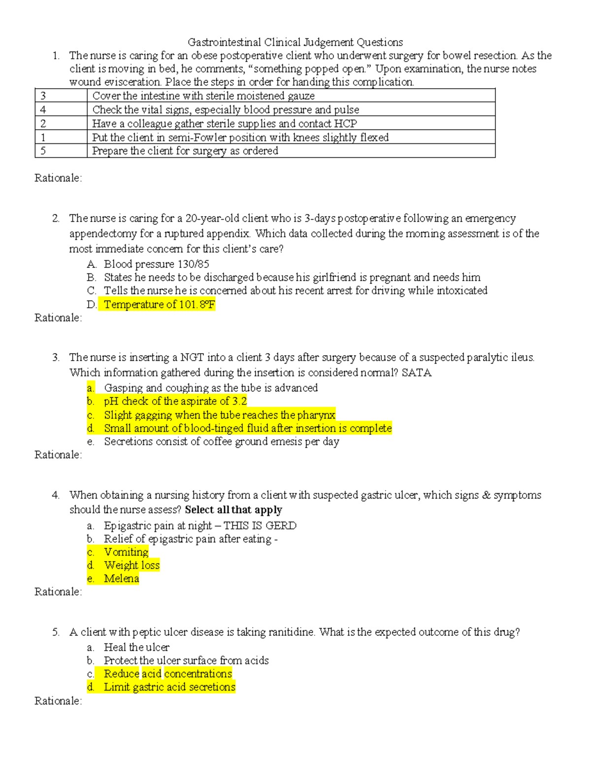 GI Questions - Gastrointestinal Clinical Judgement Questions The nurse ...