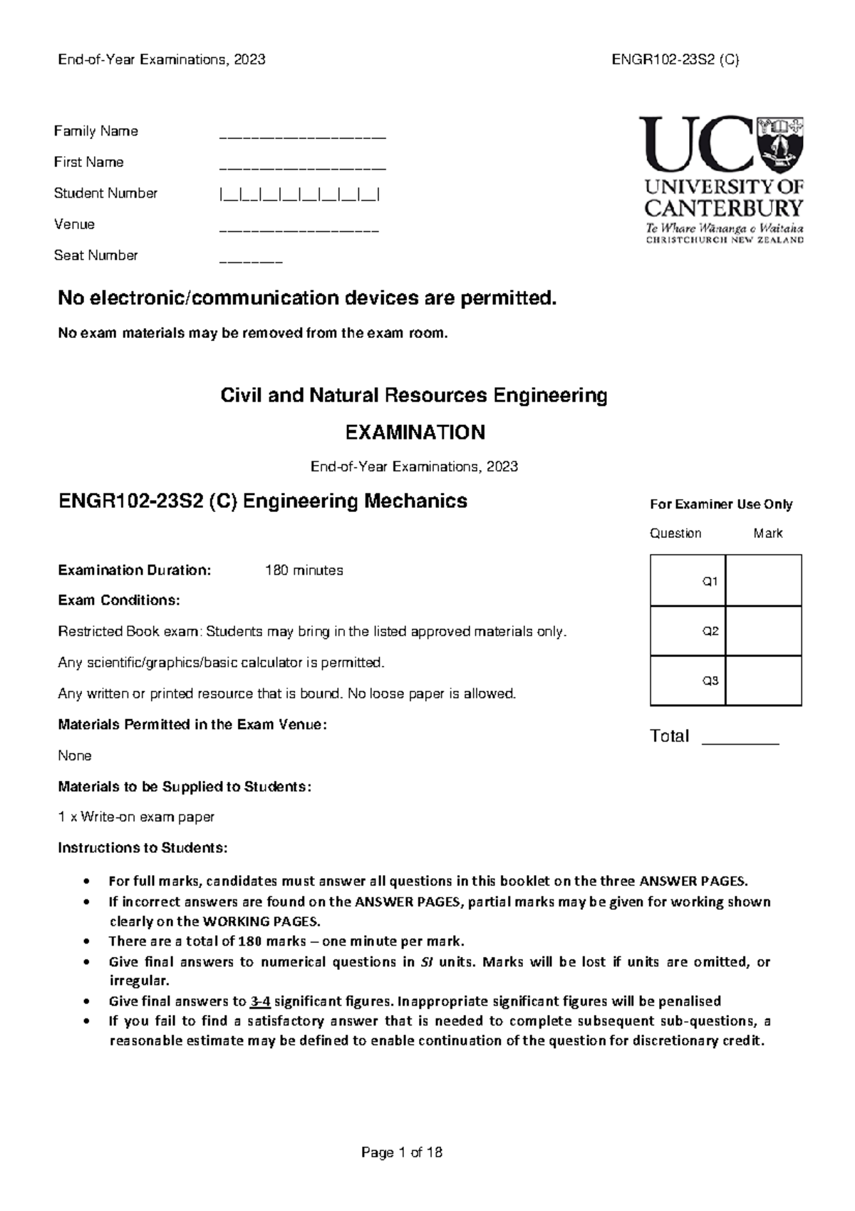 Engr102 23S2 - worked answers - No electronic/communication devices are permitted. No exam ...