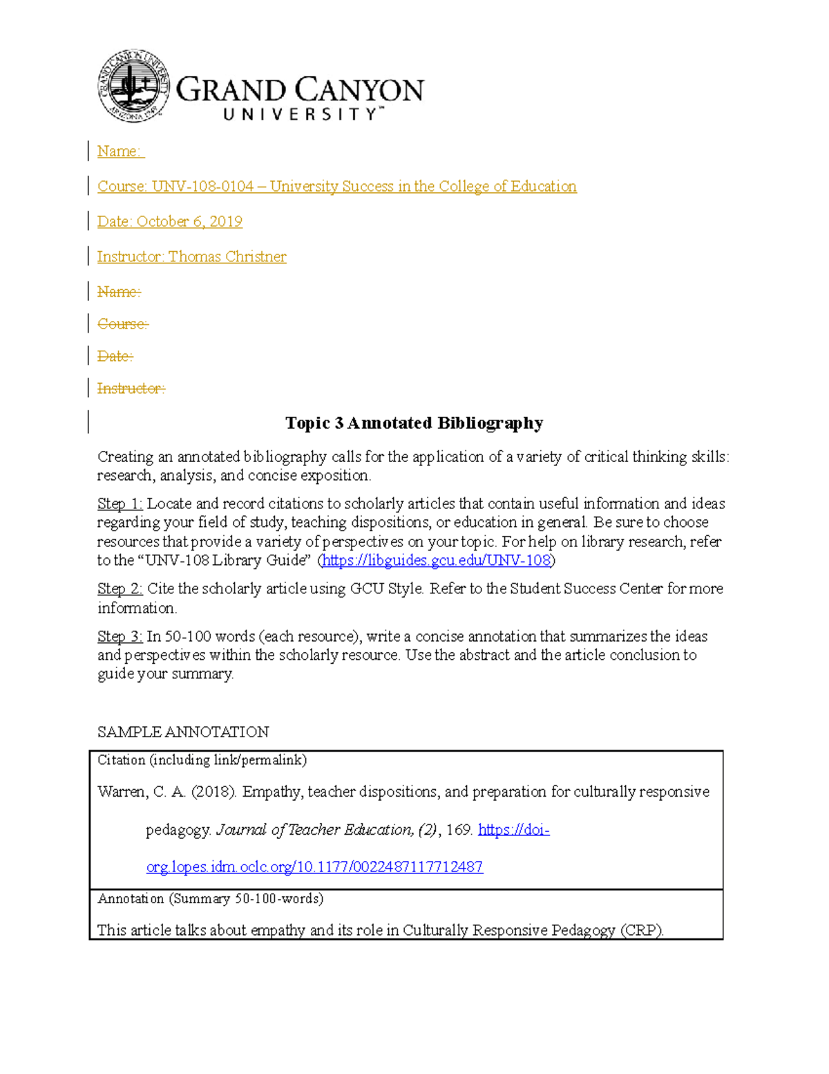 Annotated Bibliography - Step 1: Locate and record citations to ...