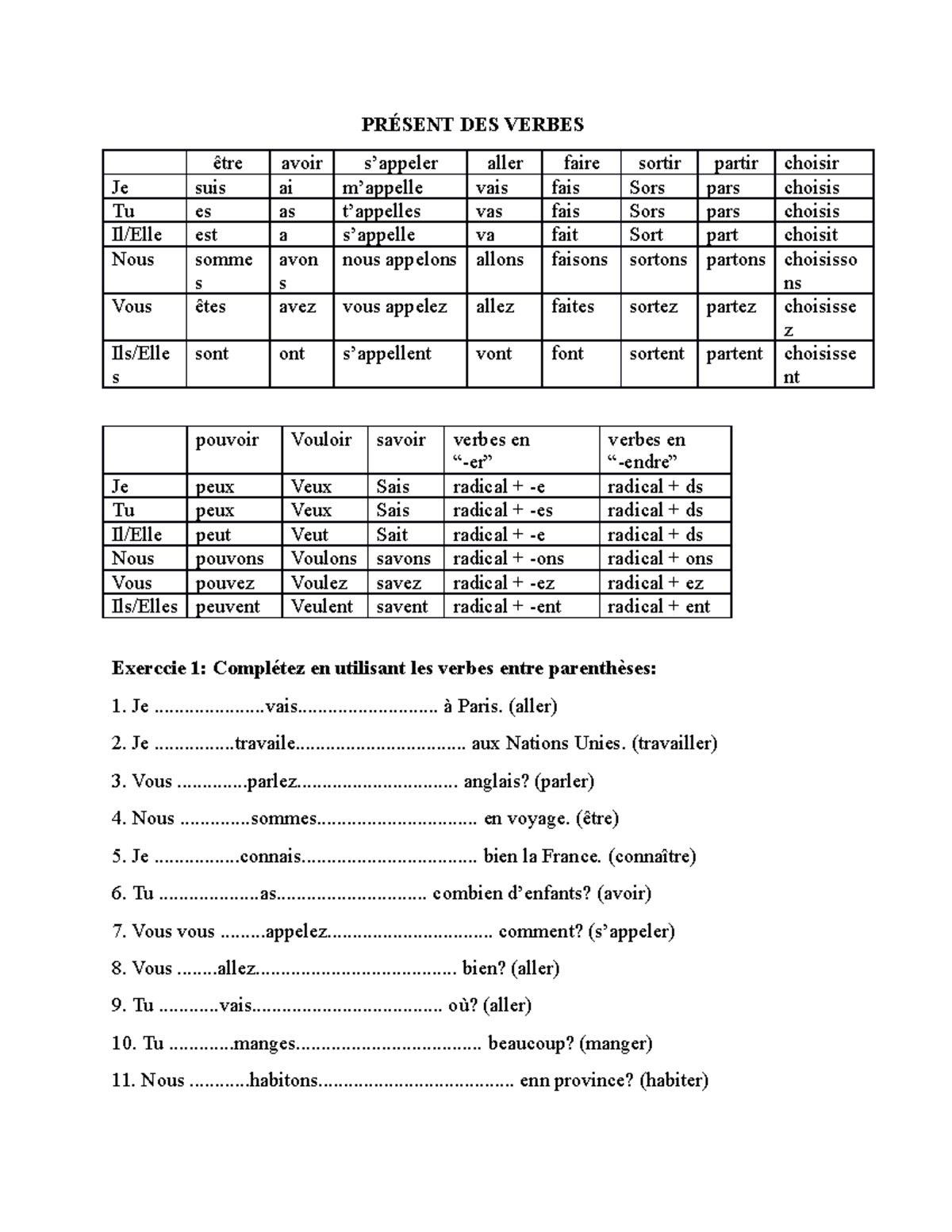 Présent des verbes + đáp án - PRÉSENT DES VERBES être avoir s’appeler ...