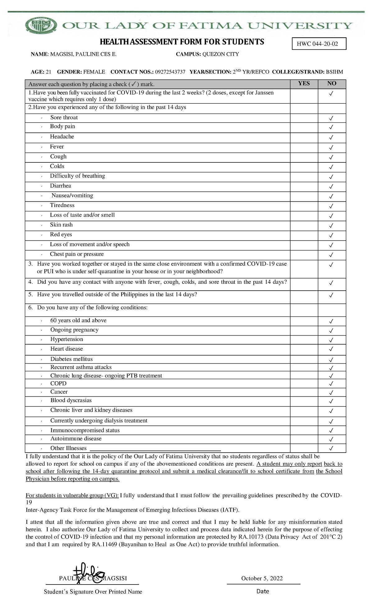 Magsisi - HAF - none - HEALTH ASSESSMENT FORM FOR STUDENTS HWC 044-20 ...
