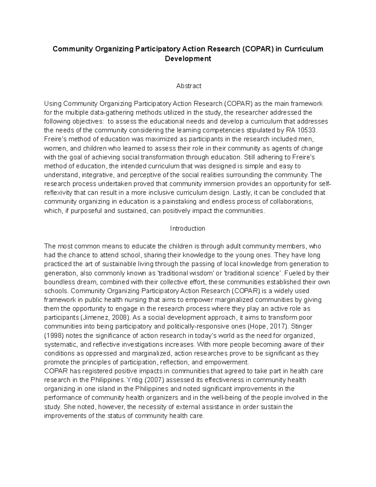 CHN - Summary Nursing - Community Organizing Participatory Action ...