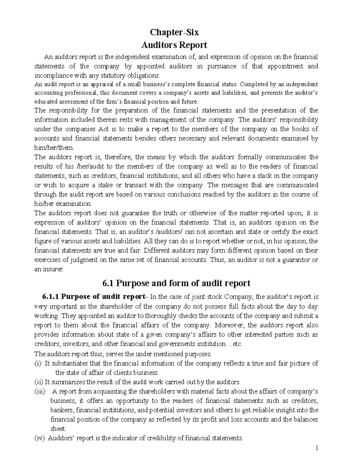Chapter 6 - COURSE MATERIALS FOR Accounting Students - Chapter-Six Auditors Report An auditors ...