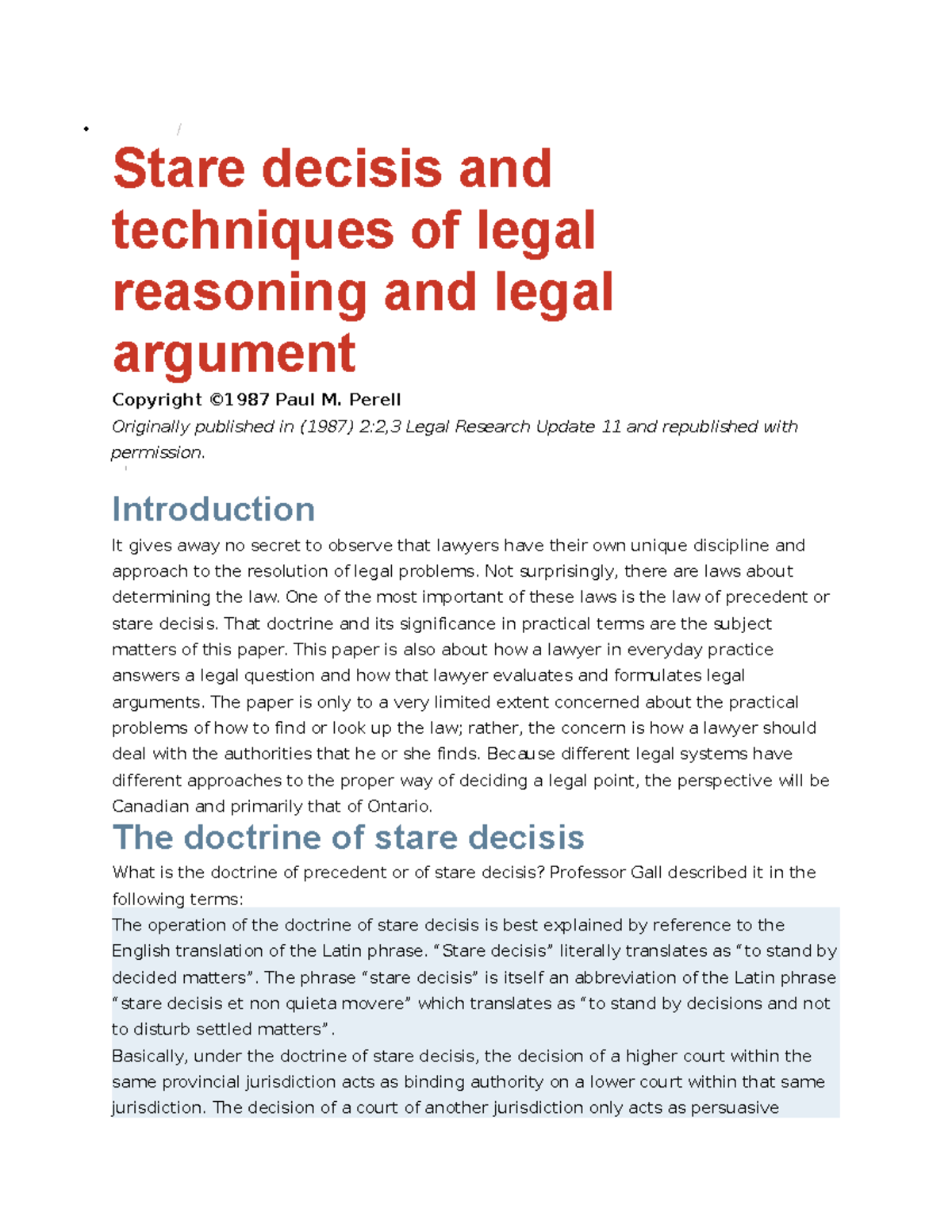 Stare decisis and techniques of legal reasoning and legal argument ...