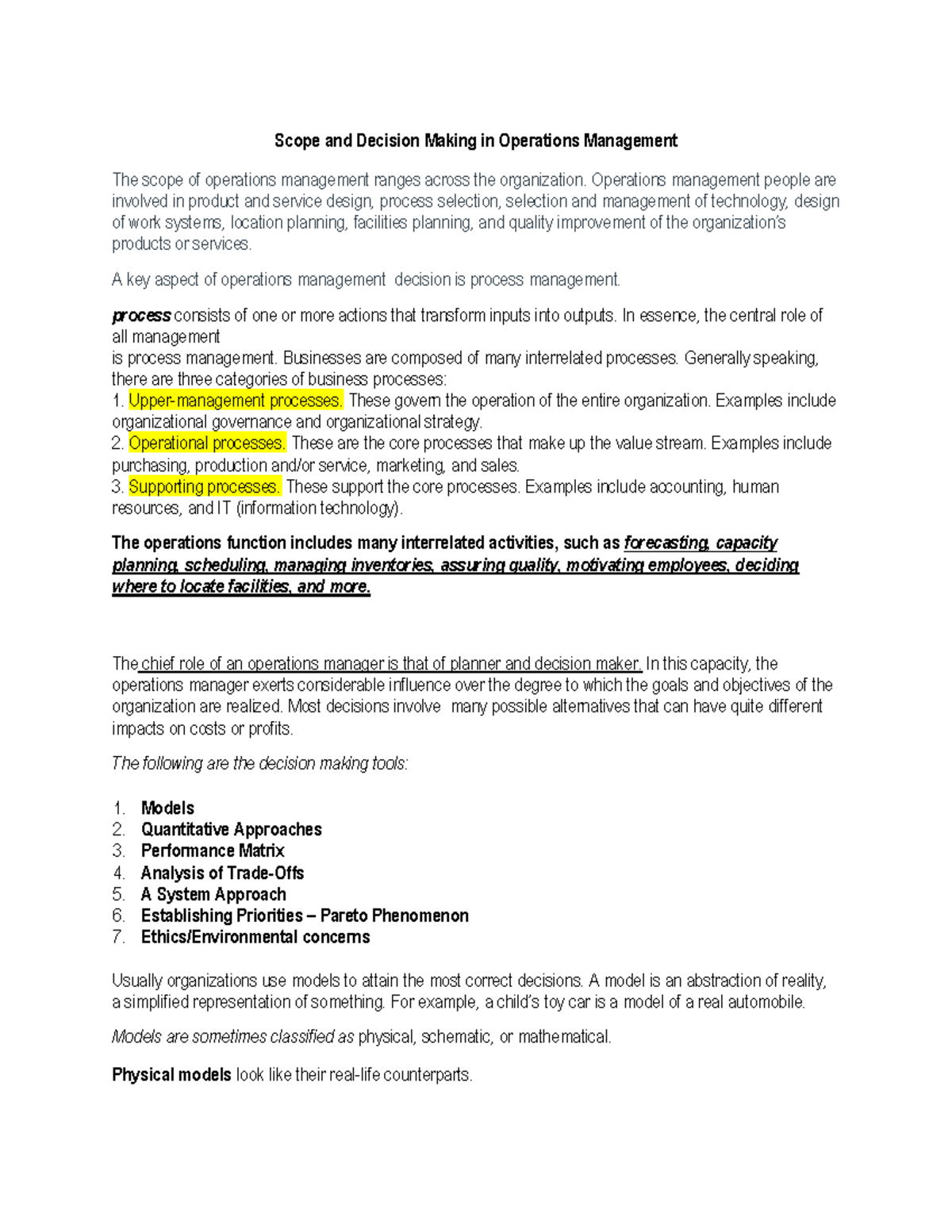 Scope and Decision Making in Operations Management - Operations ...