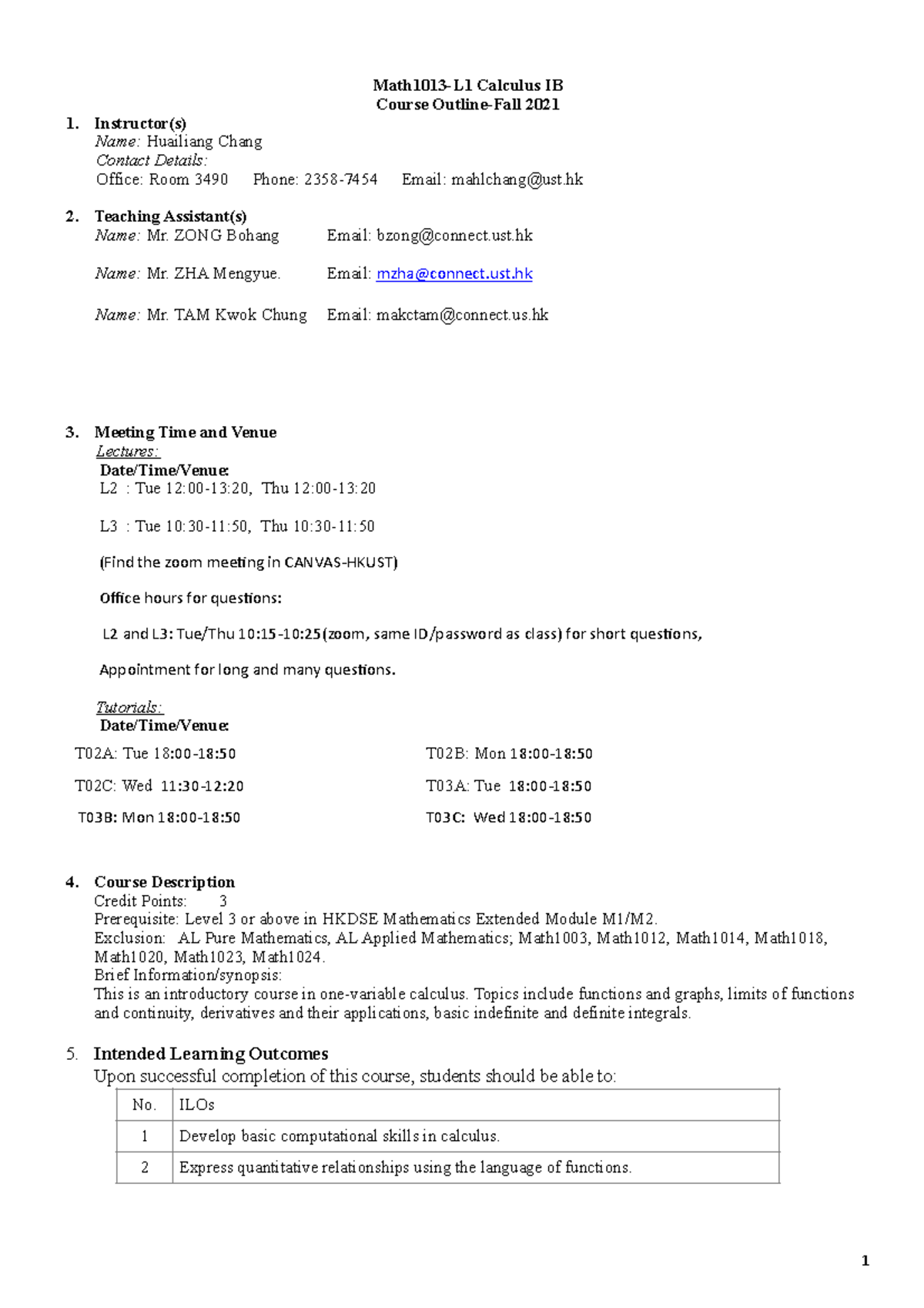 MATH 1013 L2 L3 course outline Fall 2021 - Math1013-L1 Calculus IB **Course Outline-Fall 2021 ...