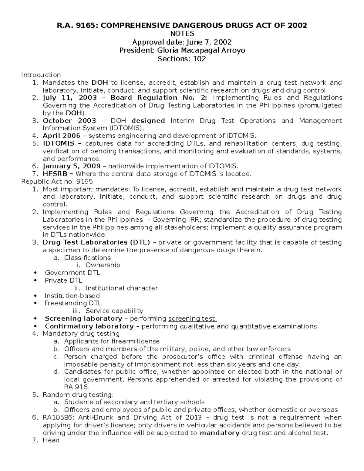RA 9165 Comprehensive Dangerous Drugs Act - NOTES Approval date: June 7 ...