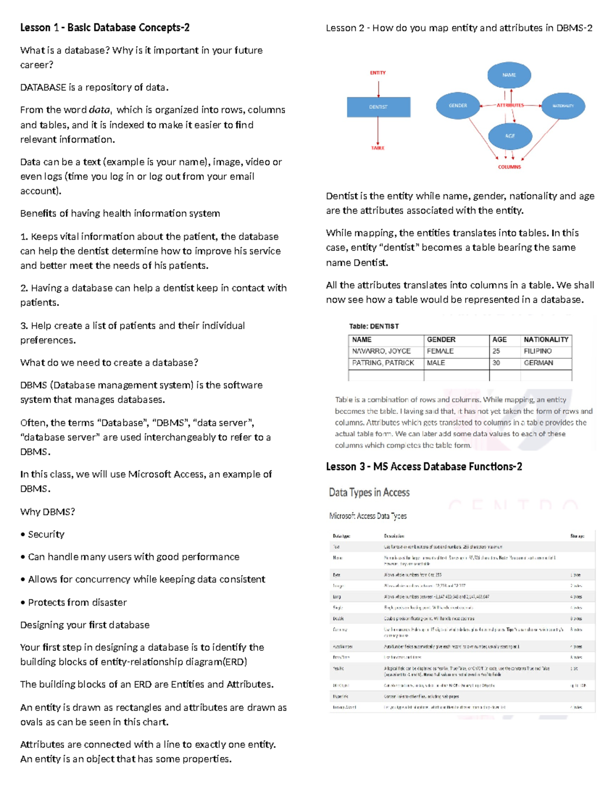 Dent info finals - Lecture notes - Lesson 1 - Basic Database Concepts ...