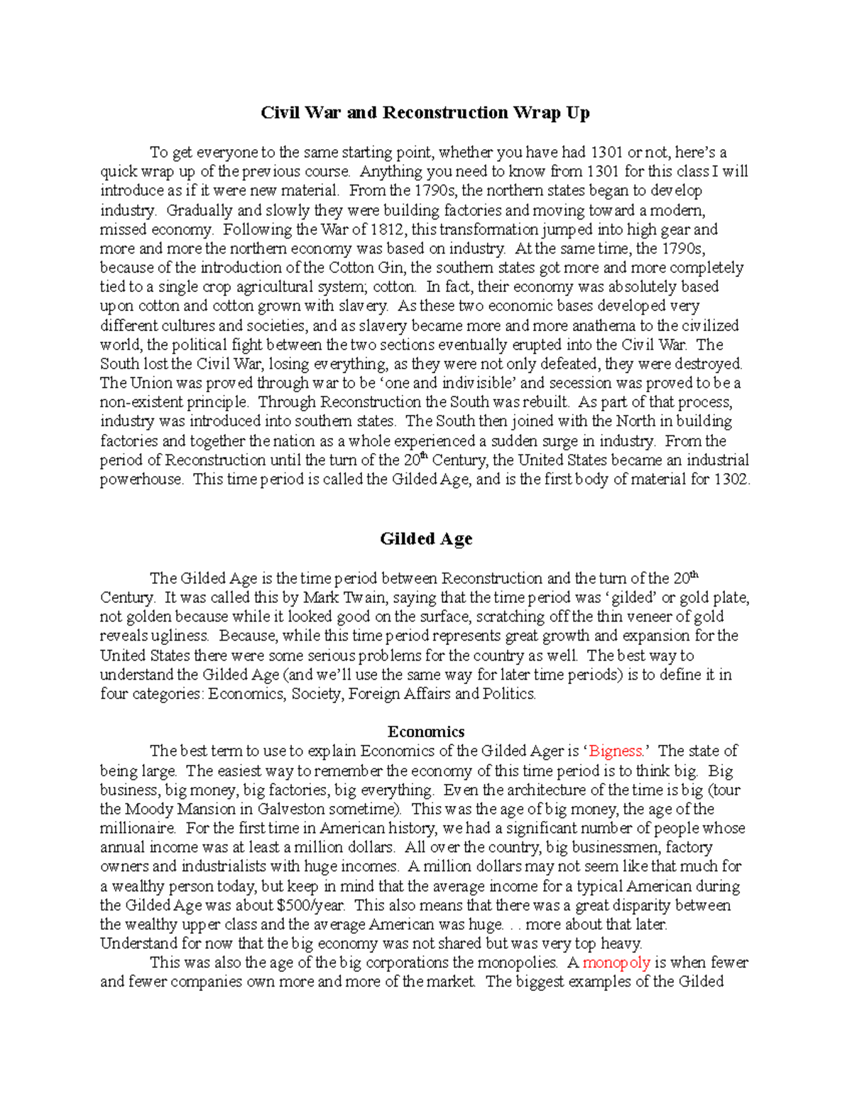 Gilded Age Intro - Civil War and Reconstruction Wrap Up To get everyone ...