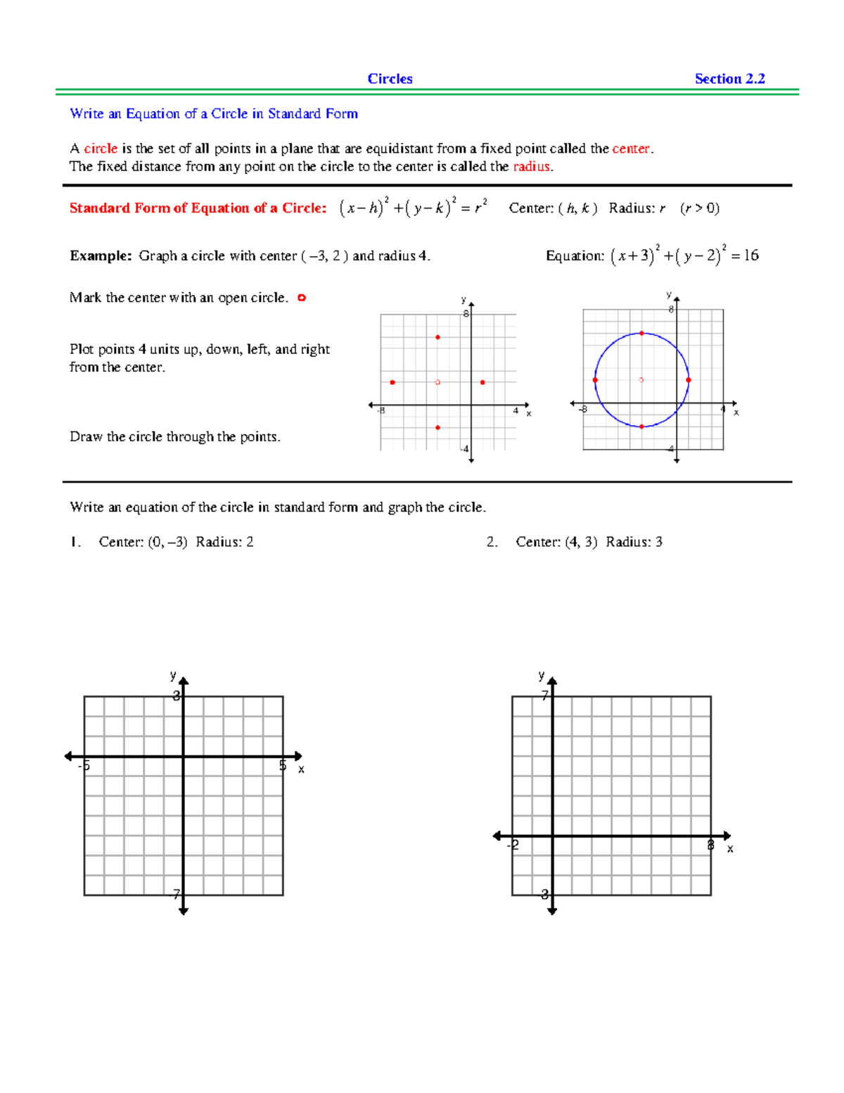 2.2 Notes - Circles Section 2. Write an Equation of a Circle in ...