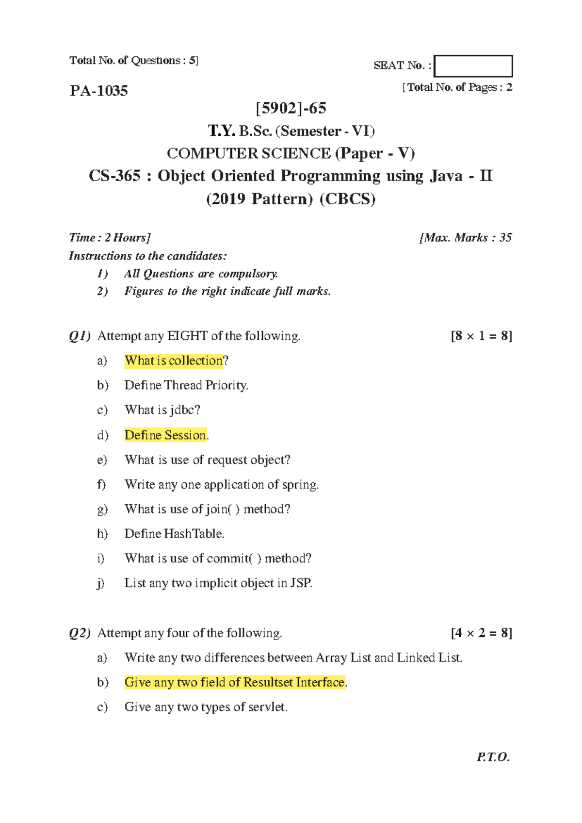 JAVA & CC - JAVA & CC - Q1) Attempt any EIGHT of the following. [8 × 1 = 8] a) What is ...