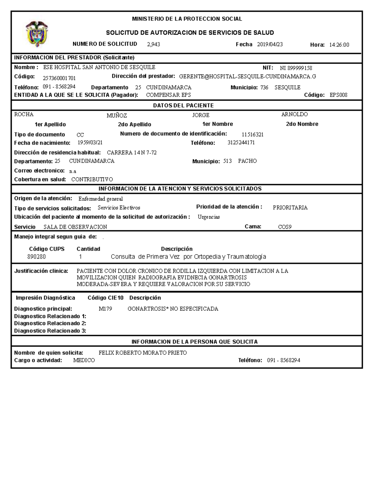 Anexo papi - 444445 - Código: Dirección del prestador: Teléfono ...