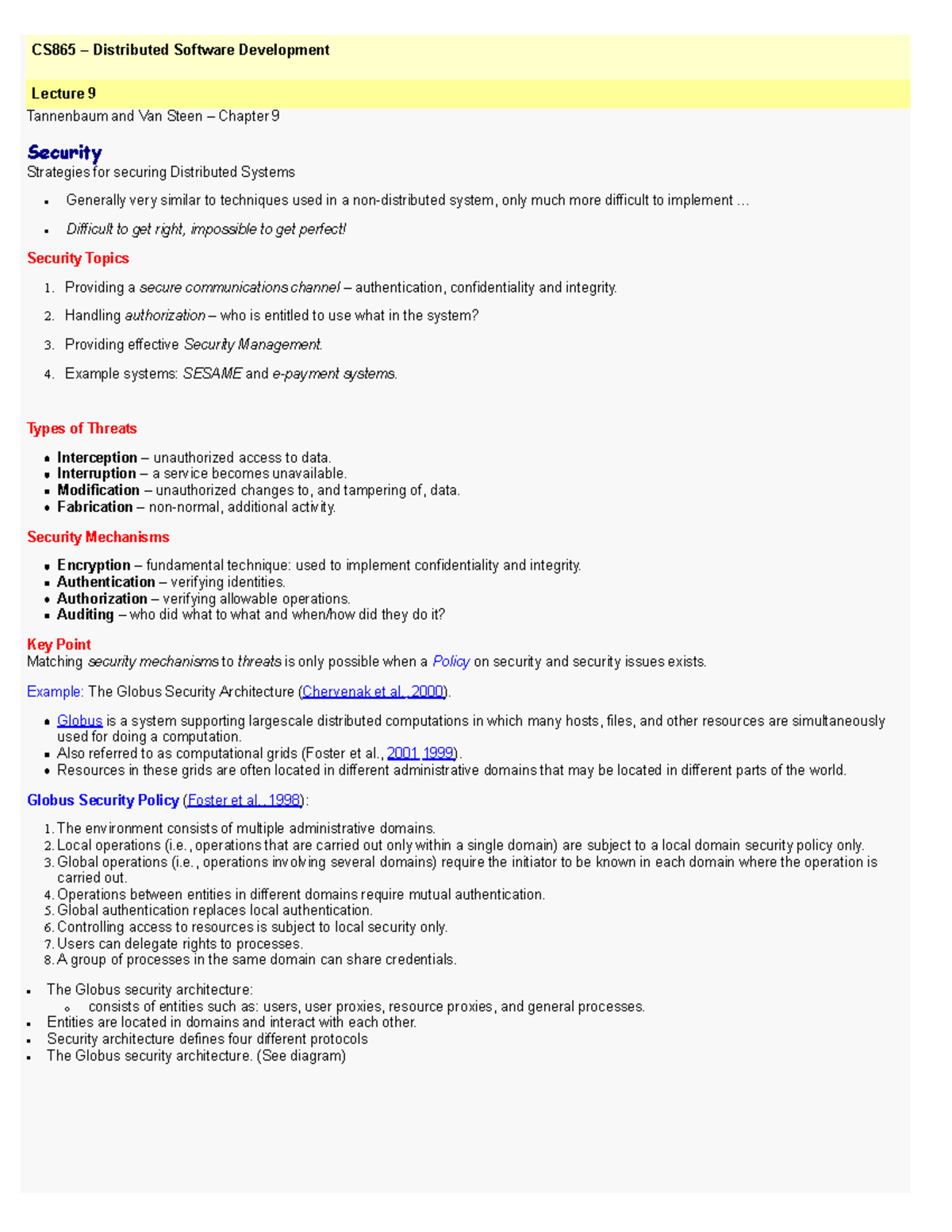 Unit 6 - Security PACE Ch9 - CS865 – Distributed Software Development Lecture 9 Tannenbaum and ...
