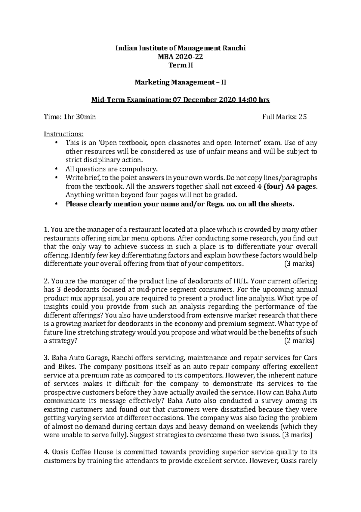 Mid Term Question Paper MM 2 2020 batch - Indian Institute of ...