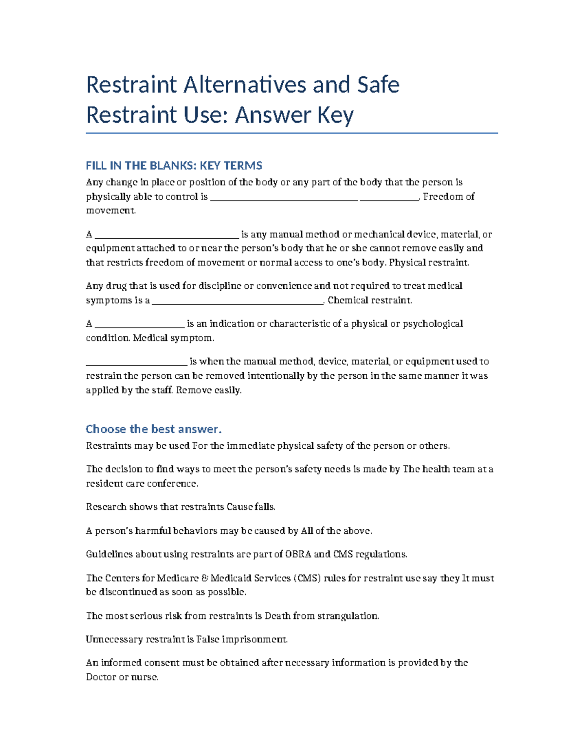 Restraint Alternatives and Safe Restraint Use Answer Key - Freedom of ...