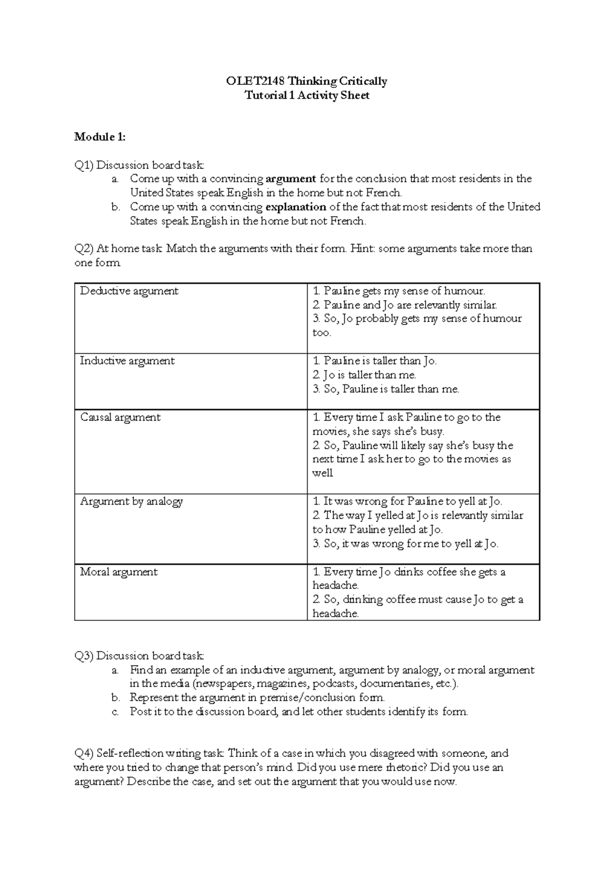 OLET2148 Thinking Critically Tutorial 1 Questions - OLET2148 Thinking ...