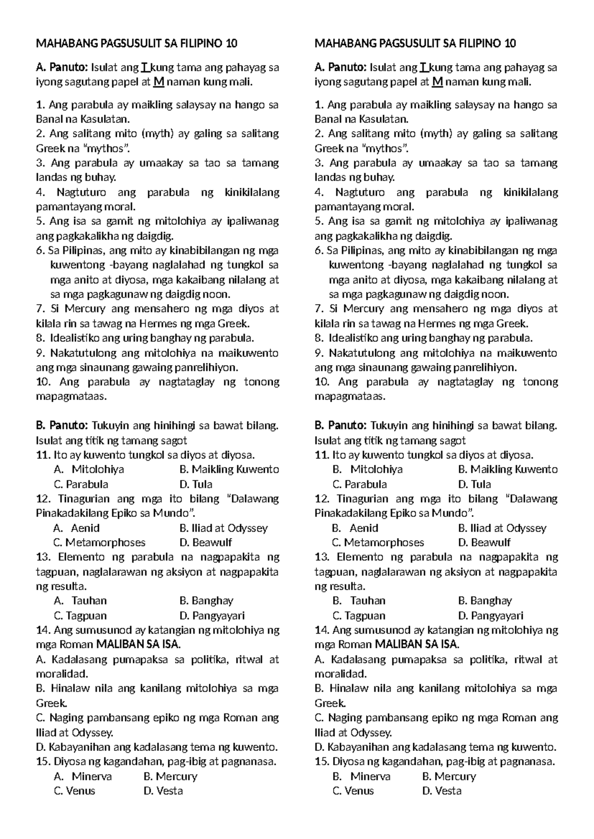 Mahabang Pagsusulit 1 Q1 - MAHABANG PAGSUSULIT SA FILIPINO 10 A. Panuto ...