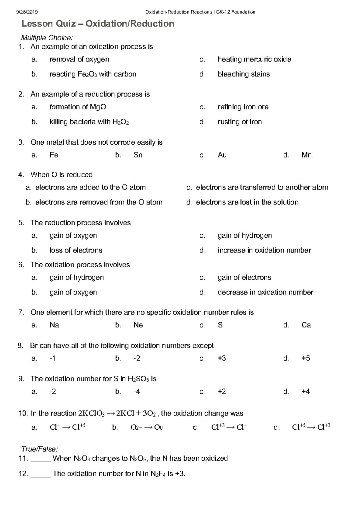 Redox Review Questions - 9/28/2019 Oxidation-Reduction Reactions | CK ...