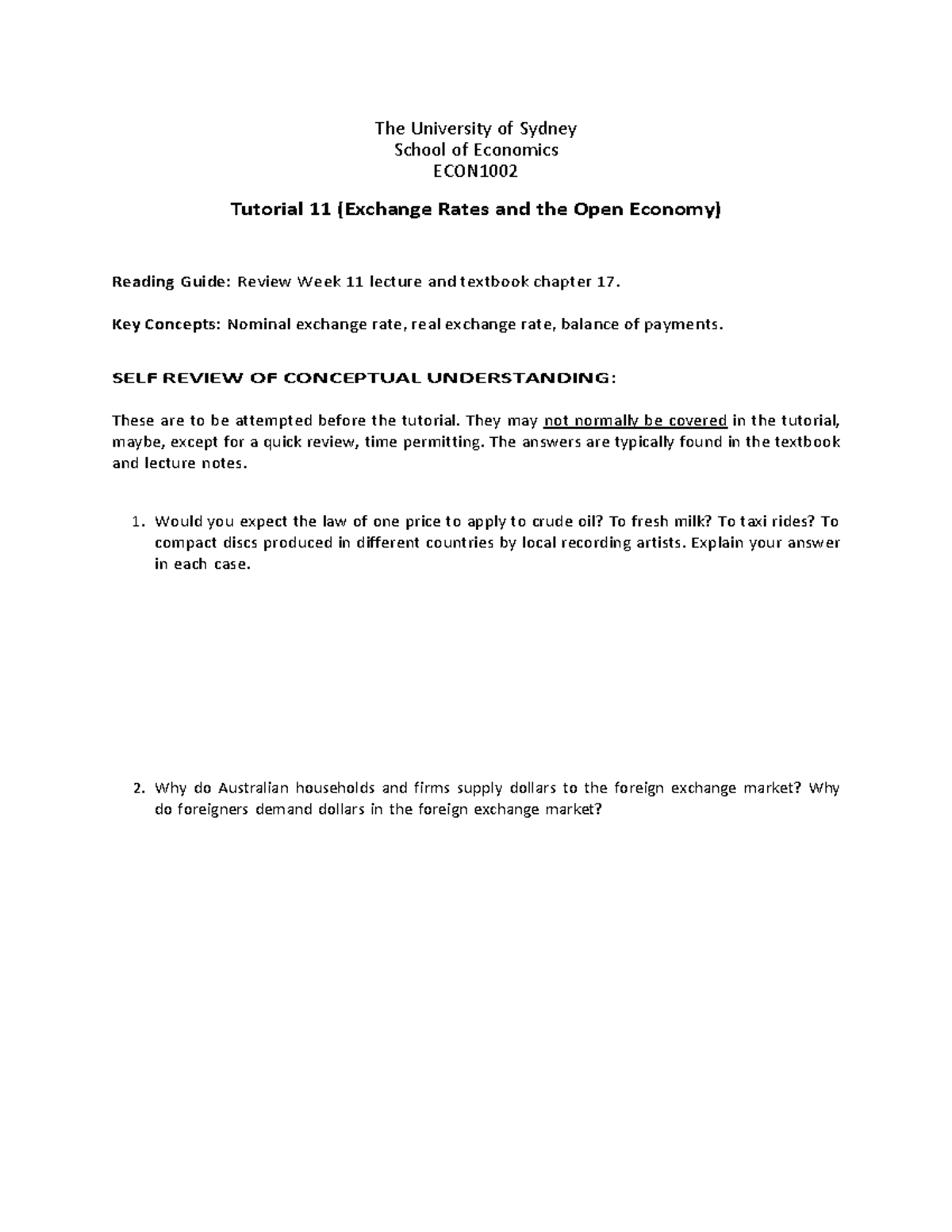 Tutorial 11 (week 12) - The University of Sydney School of Economics ... Tutorial 11 (week 12) - The University of Sydney School of Economics ...