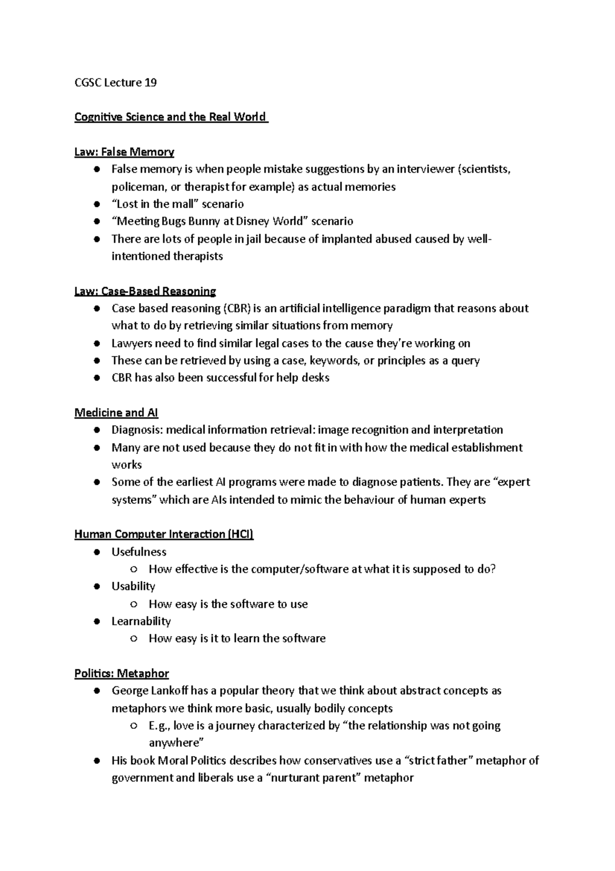 CGSC lecture 19 - CGSC Lecture 19 Cognitive Science and the Real World ...