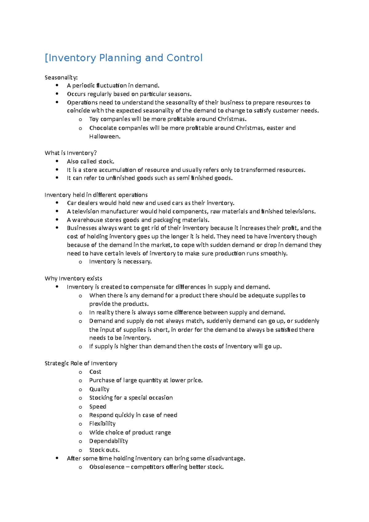 Inventory Planning and Control Lecture Notes - [Inventory Planning and ...