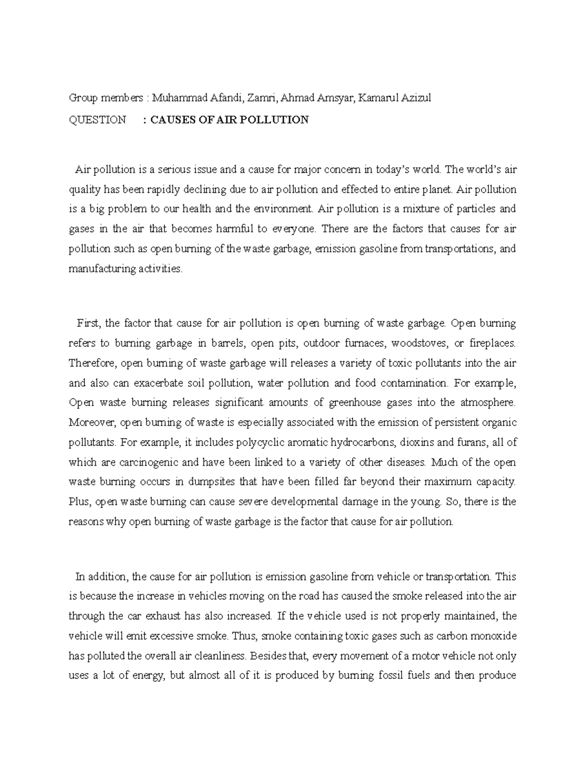 Cause of Air pollution - essay practice for semester 3 elc231 UITM ...