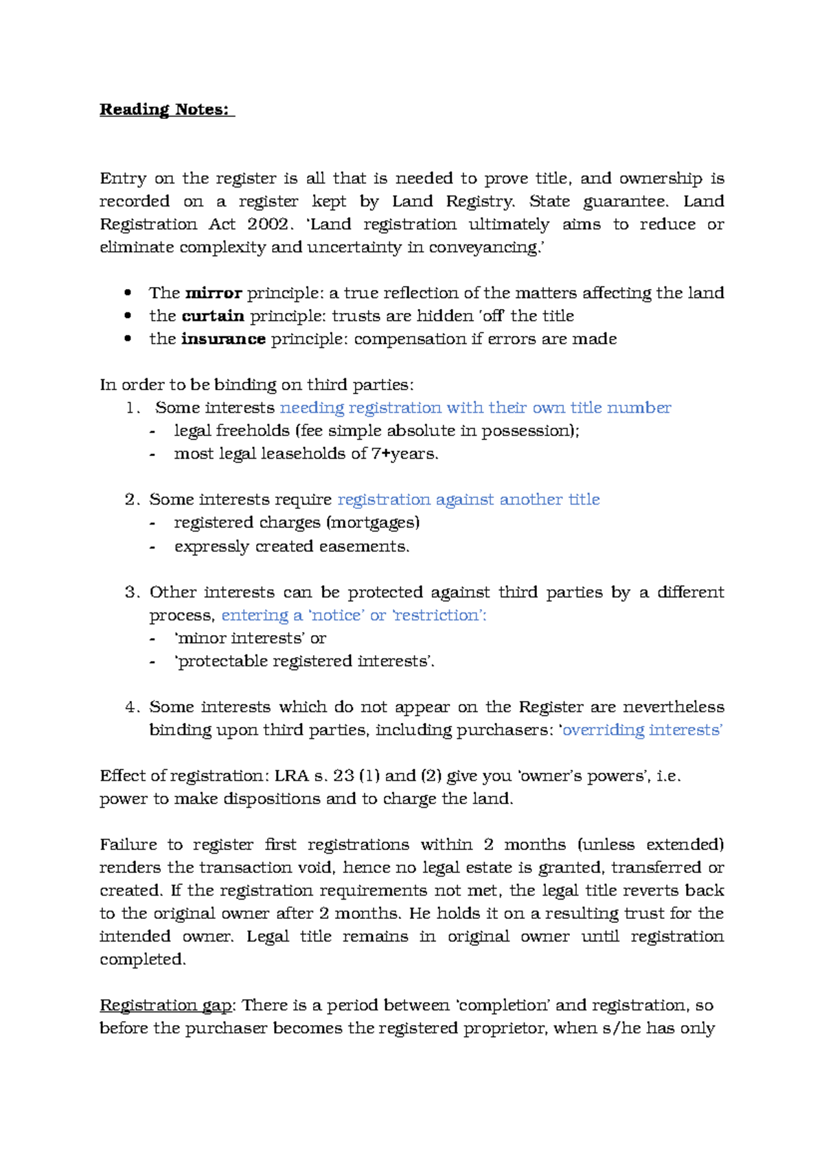 Land Law - Registration (i) - Reading Notes: Entry on the register is ...