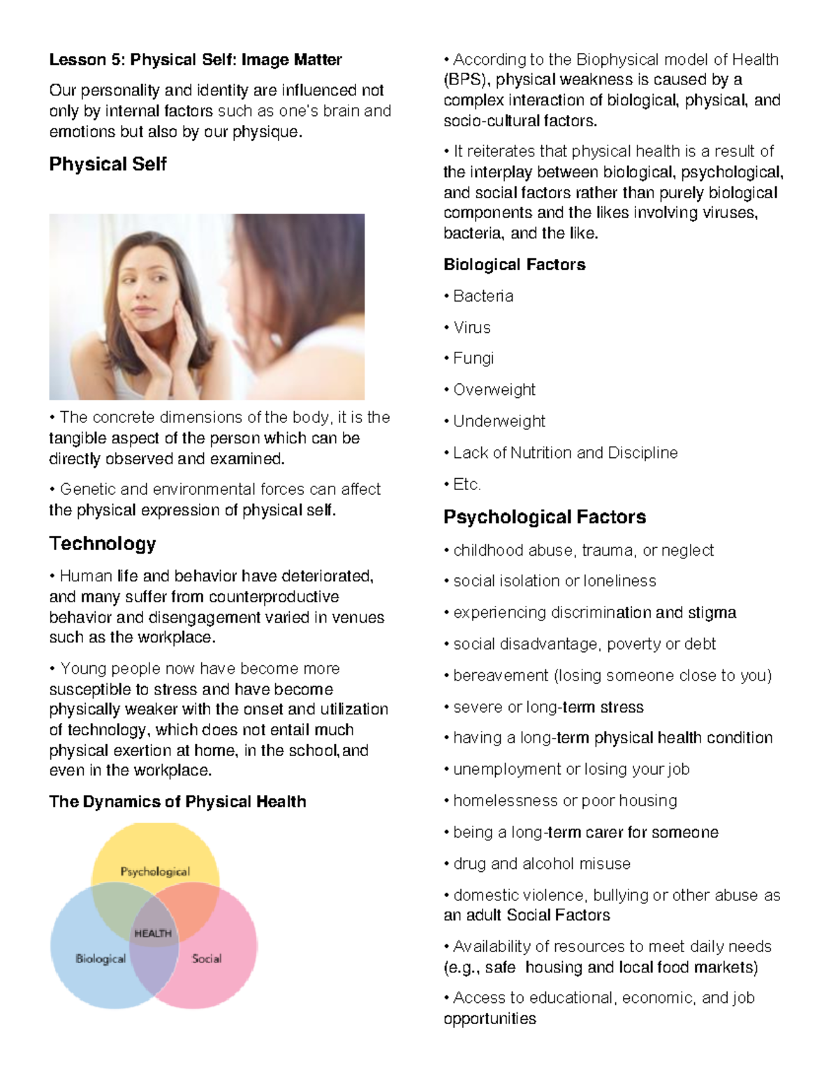 Lesson 5 HAND OUT IN Intro TO Psych - Lesson 5: Physical Self: Image ...