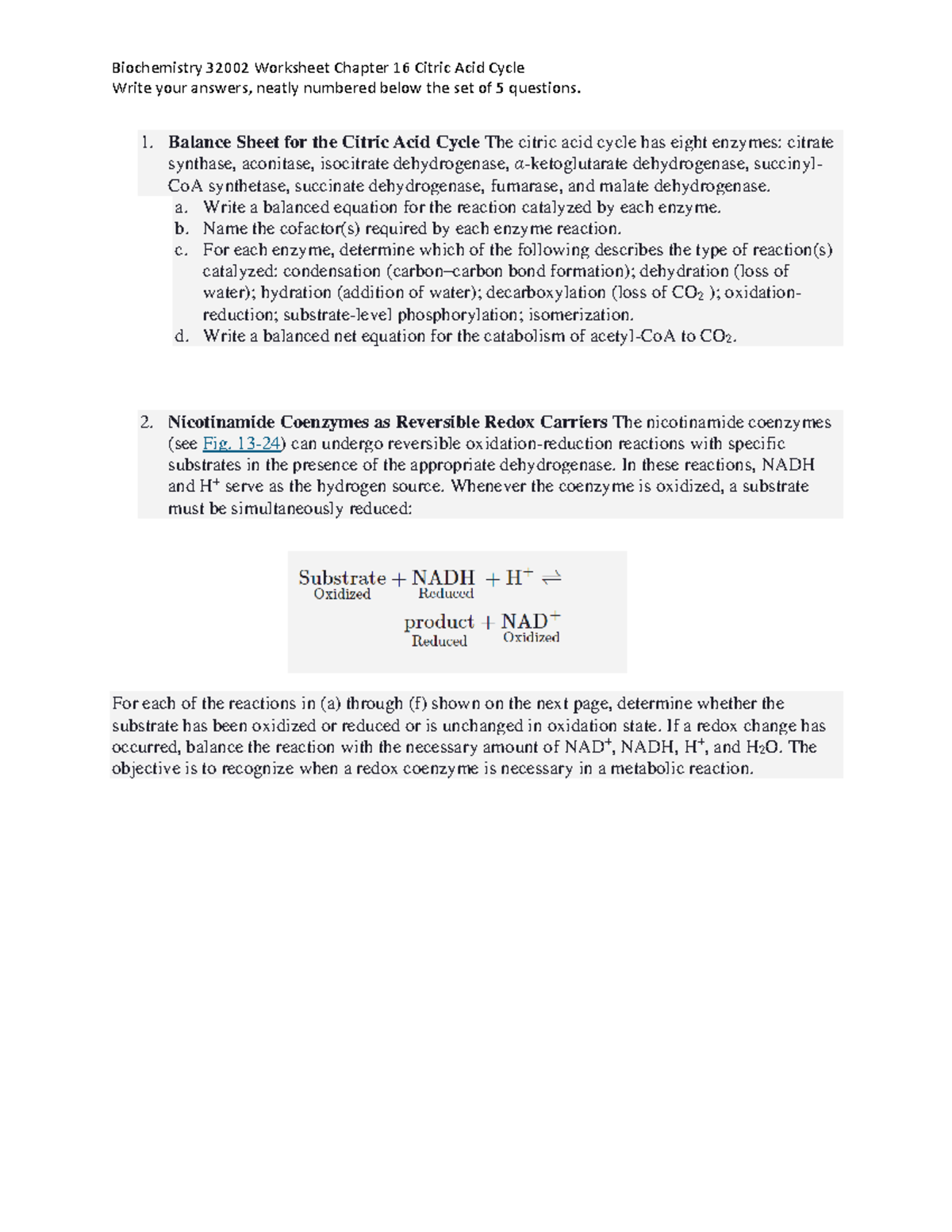 Biochem Homework Citric Acid Cycle - Biochemistry 32002 Worksheet ...
