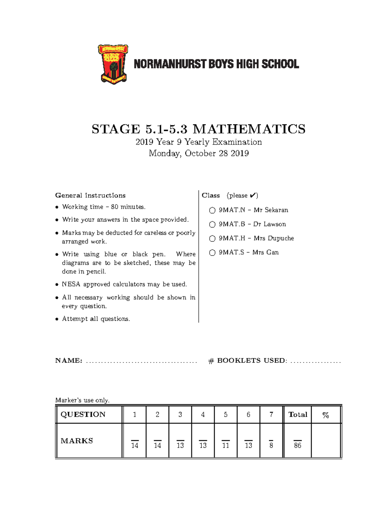 Normanhurst Boys 2019 Year 9 Maths Yearly & Solutions - STAGE 5.1-5 ...