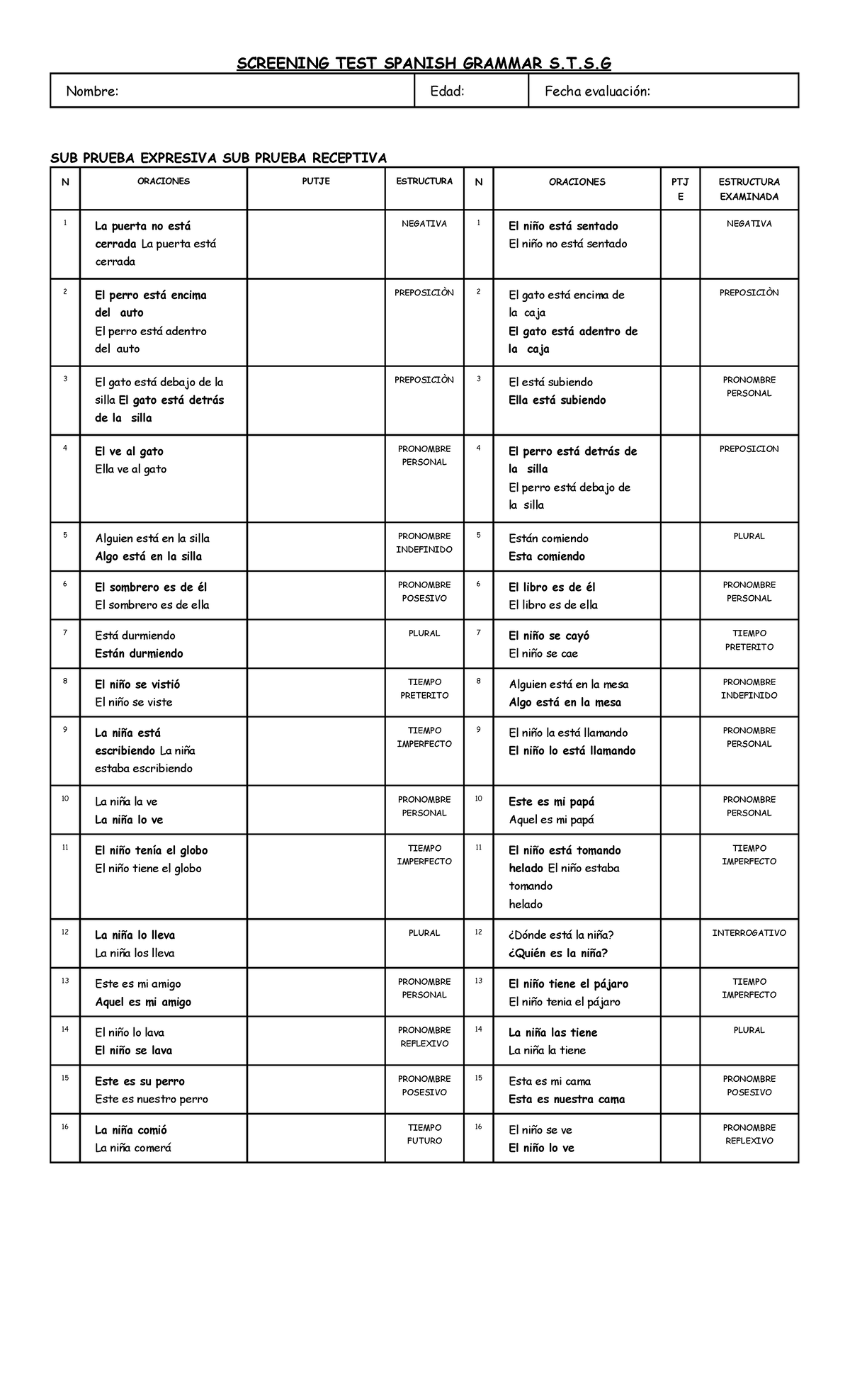 STSG - Hoja de respuestas STSG - SCREENING TEST SPANISH GRAMMAR S.T.S ...