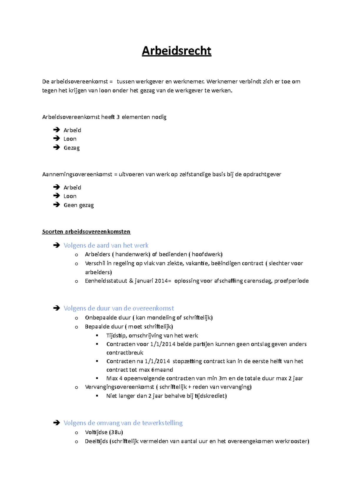 Samenvatting - Arbeidsrecht De arbeidsovereenkomst = tussen werkgever ...