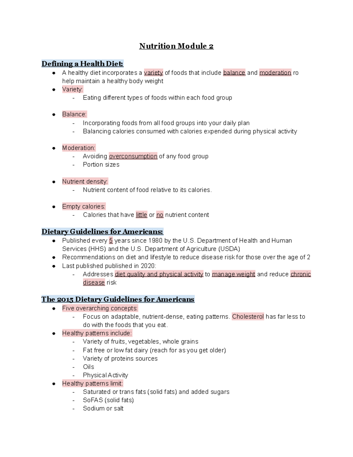 Nutrition Module 2 - Empty calories: - Calories that have little or no ...