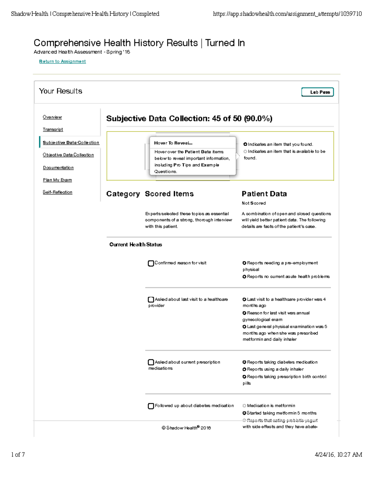 Comprehensive Health History - Indicates an item that is available to ...