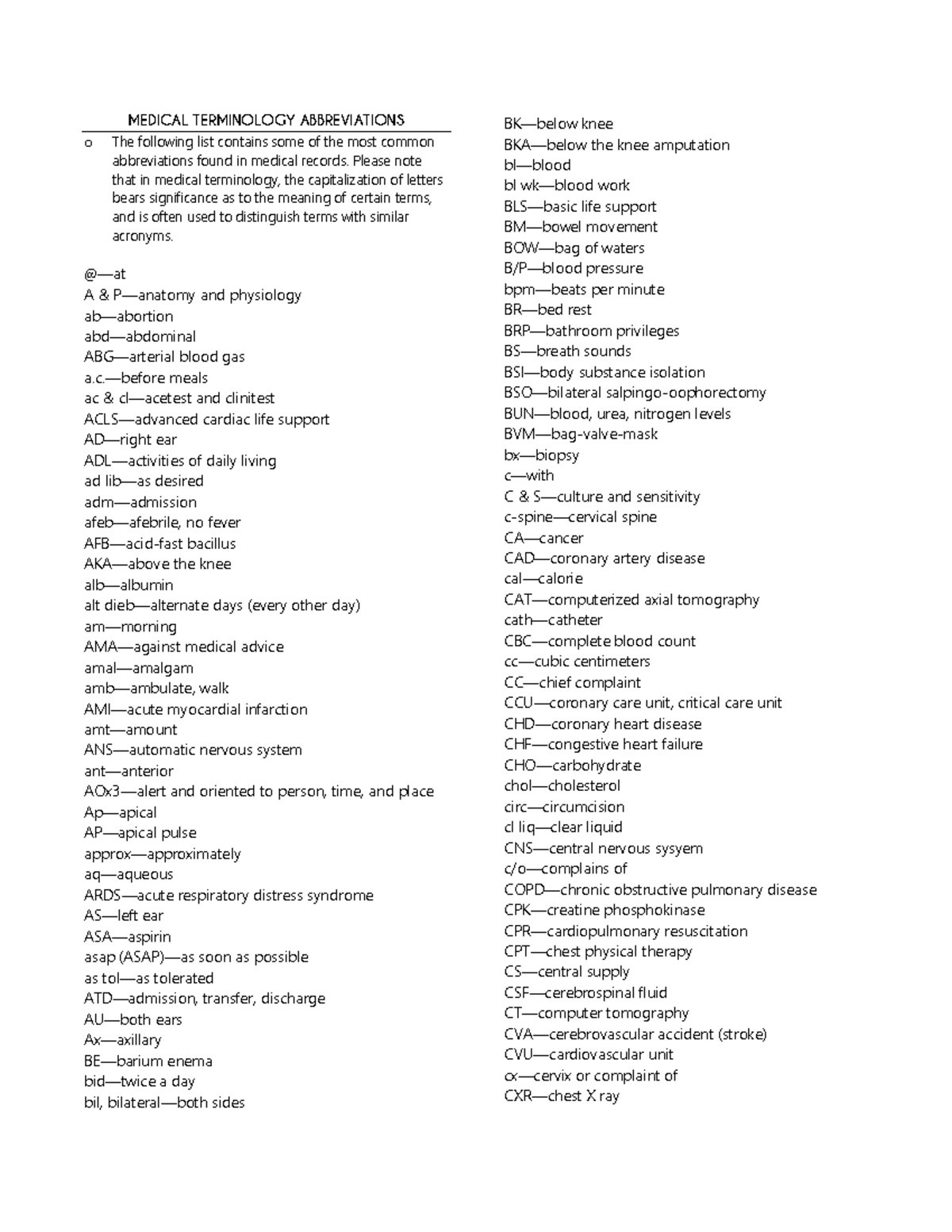 Medical Terminology Abbreviations - MEDICAL TERMINOLOGY ABBREVIATIONS o ...