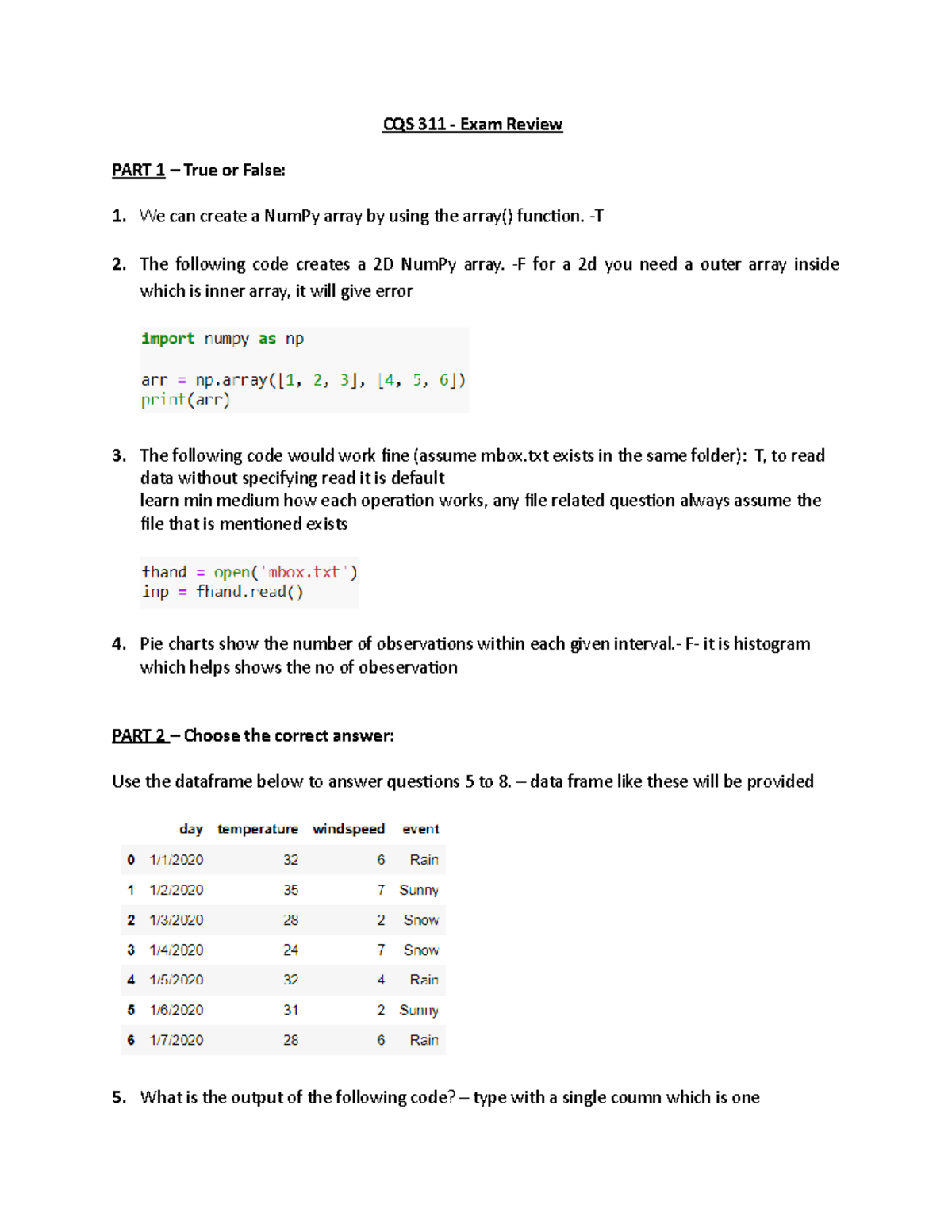 CQS 311 - Final Exam Review - CQS 311 - Exam Review PART 1 – True or ...