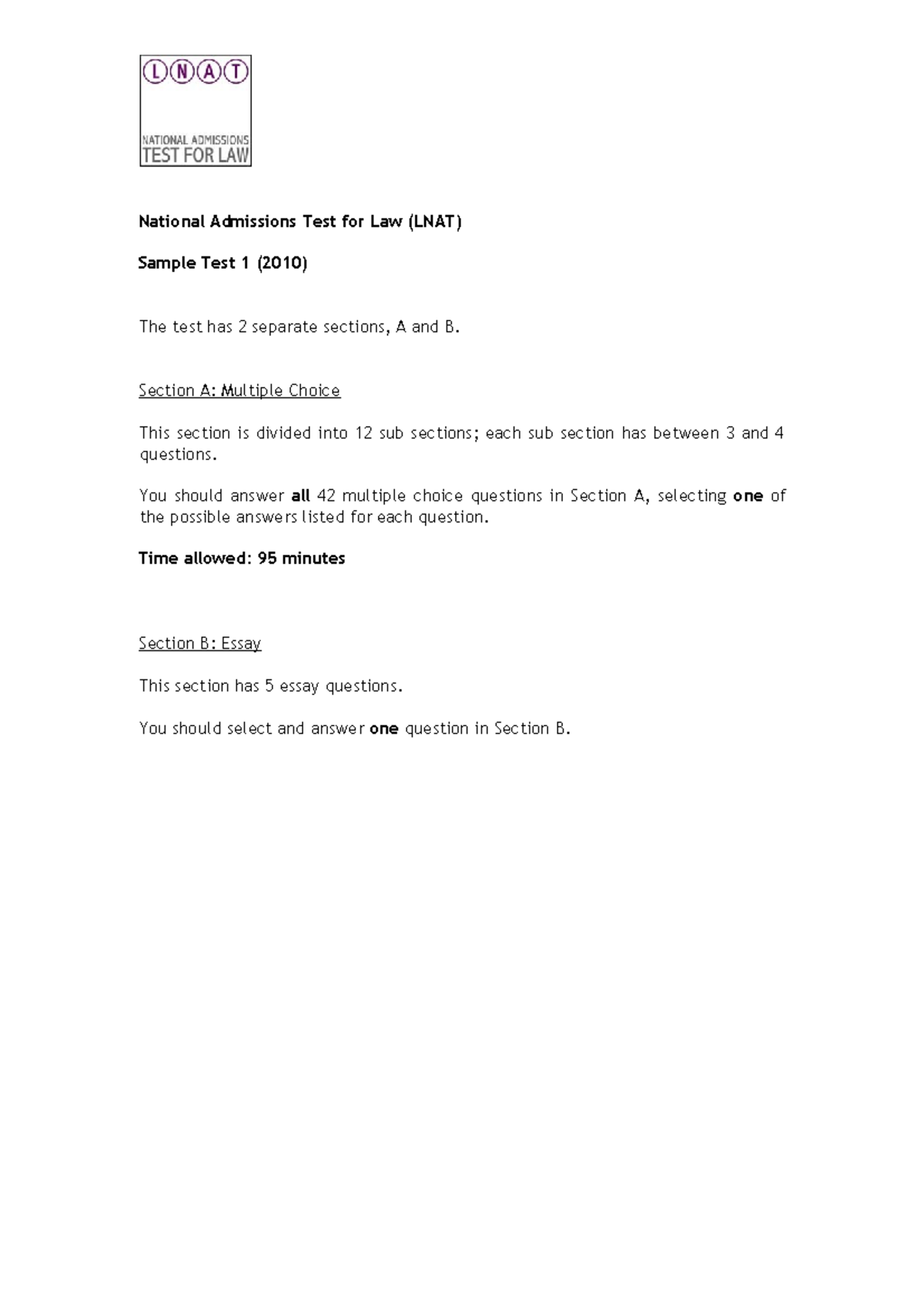 Practice Test 2010 paper 1 2 - National Admissions Test for Law (LNAT ...
