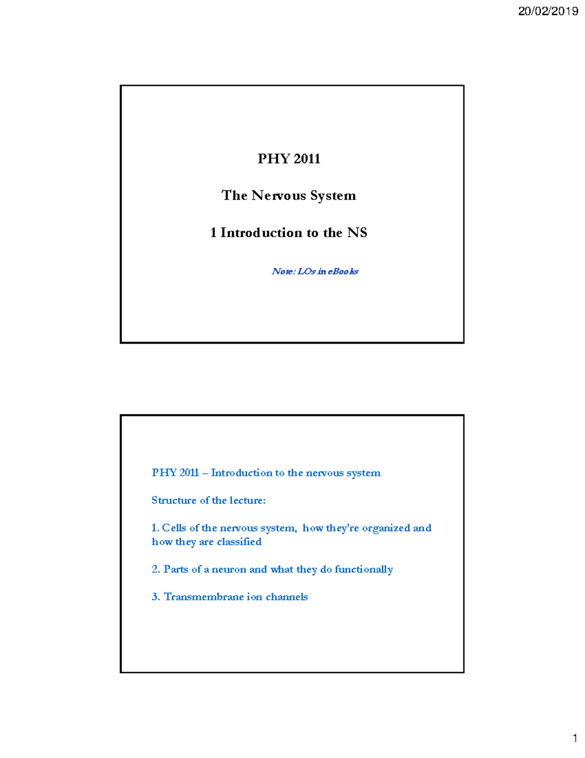 PHY 2011 Topic 2 Lectures - PHY 2011 The Nervous System 1 Introduction to the NS Note: LOs in ...