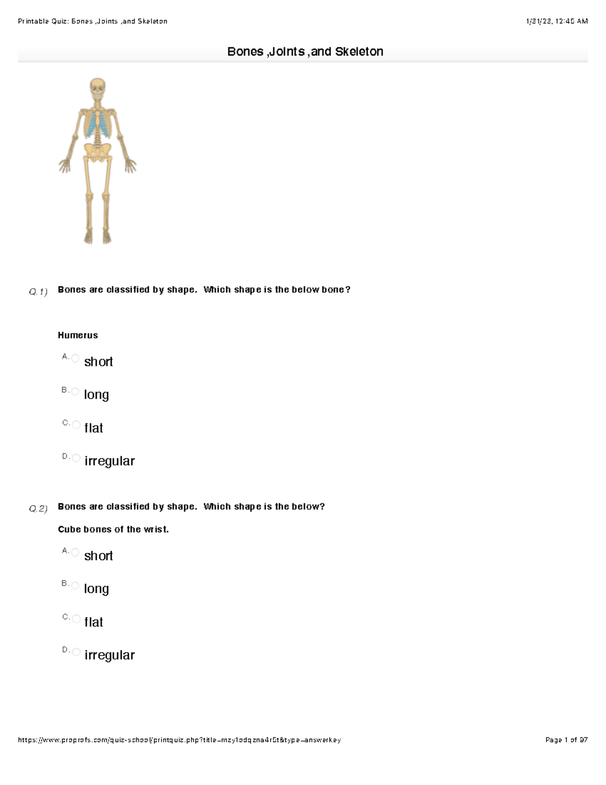 Bones ,Joints ,and Skeleton - Q) Bones are classified by shape. Which ...