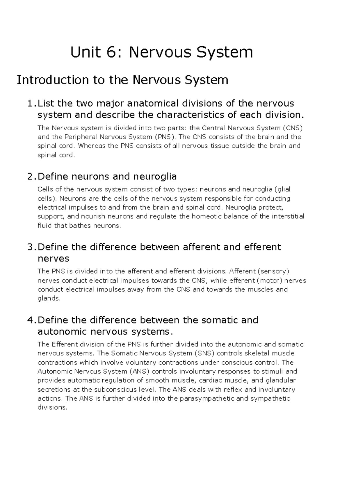 Nervous System - Practice and revision material in answer to learning ...