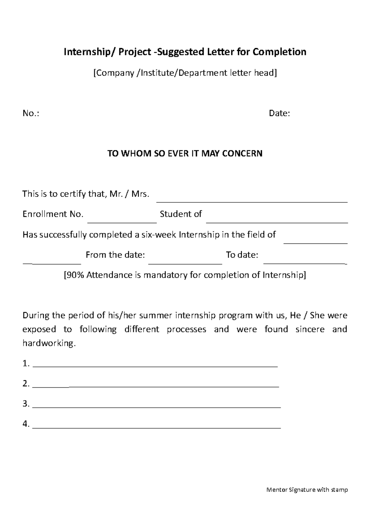 Latter of Complation - Internship/ Project -Suggested Letter for ...