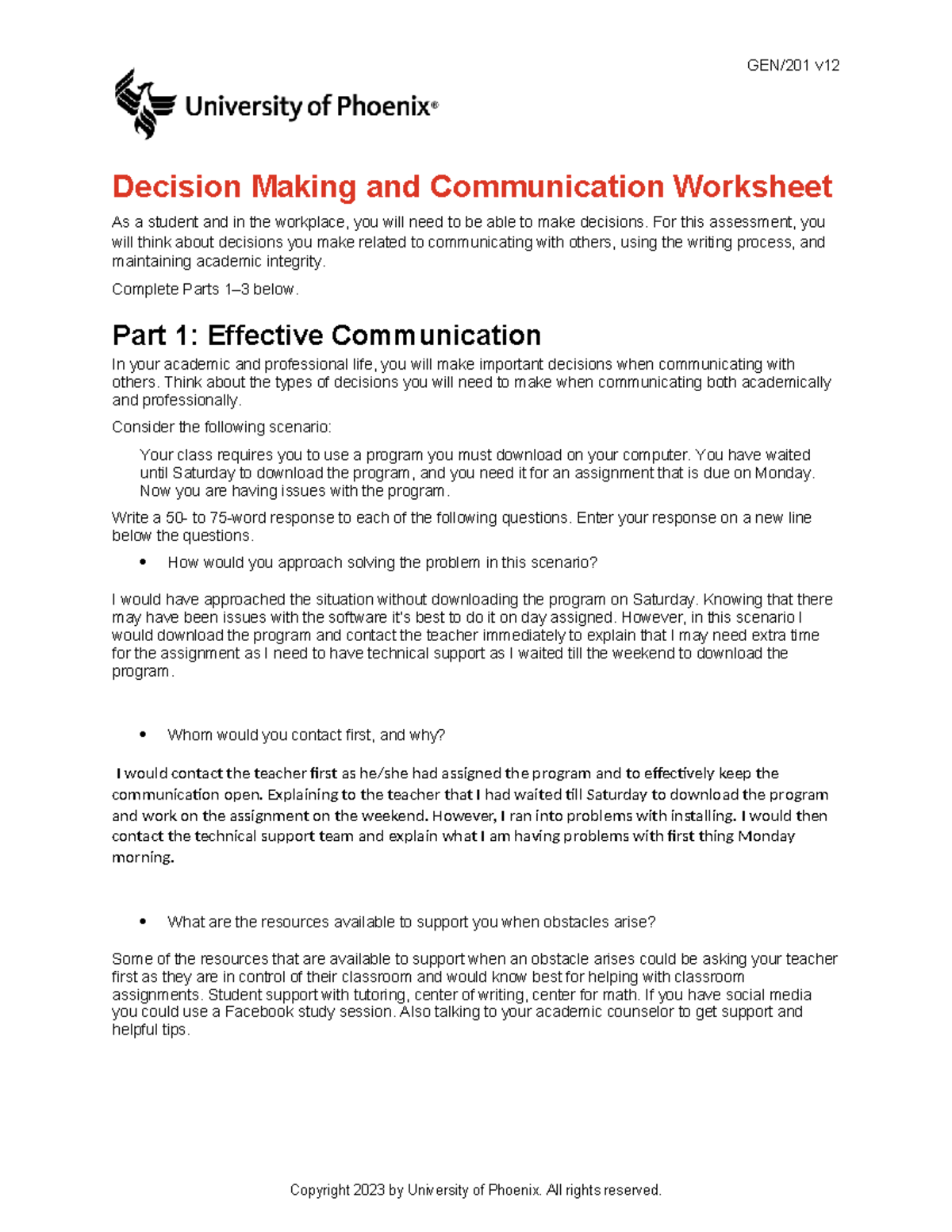 Gen201 v12 wk3 decision making and communication worksheet - GEN/201 v ...