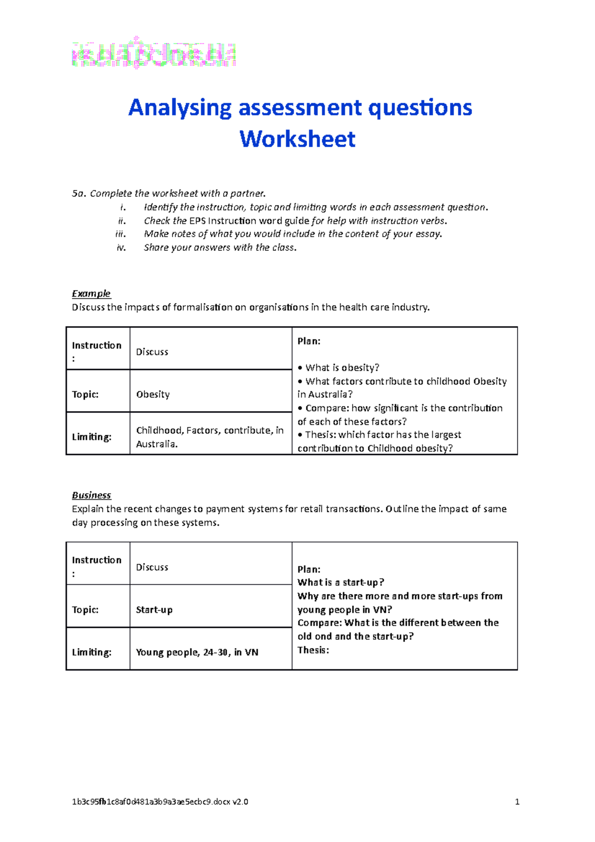 Analysing assessment questions - Worksheet - Complete the worksheet ...