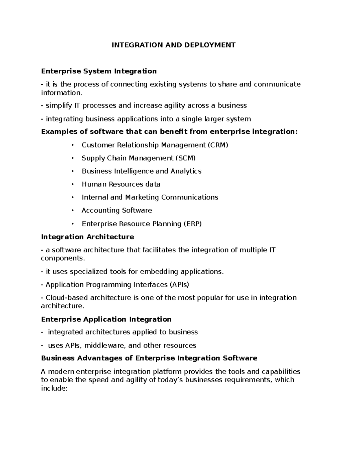 Integration And Deployment Integration And Deployment Enterprise System Integration It Is The